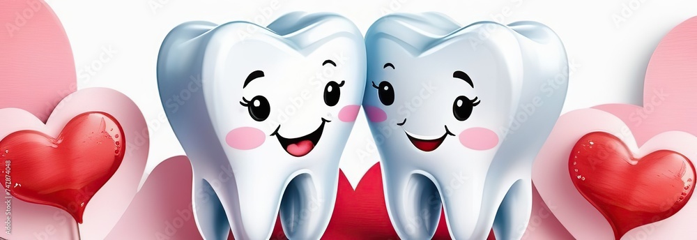 Two white cartoon watercolor teeth with legs and hand fall in love ...