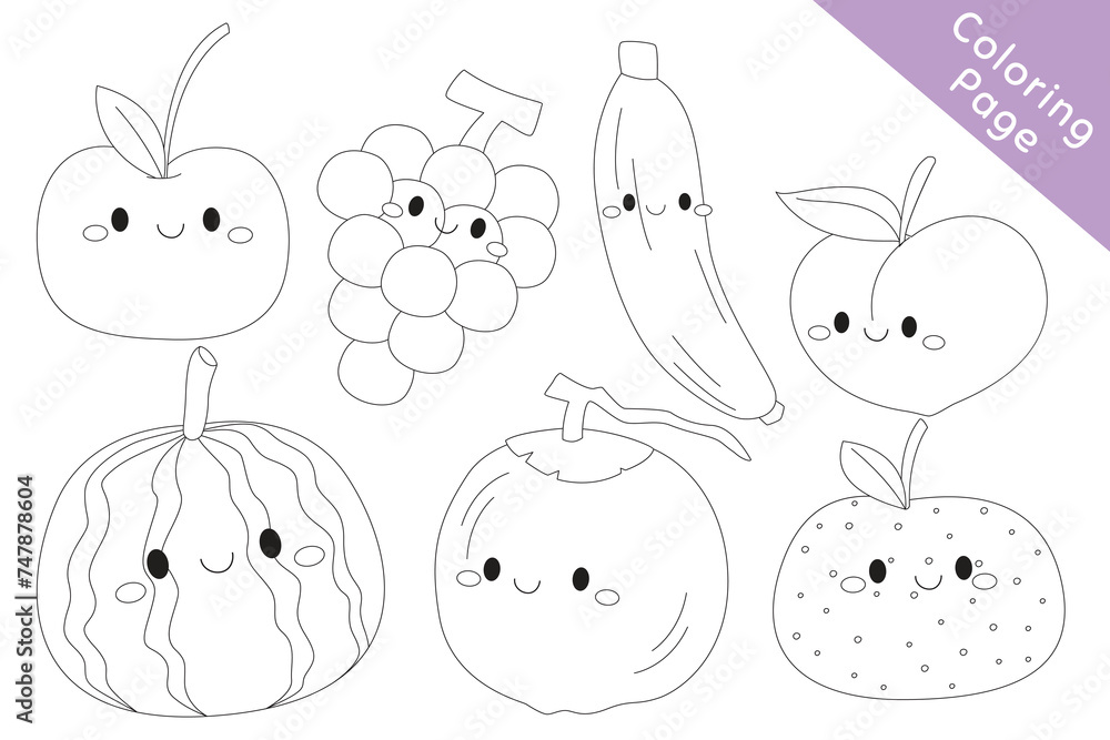 Cute fruits coloring page for kids black and white outline cartoon ...