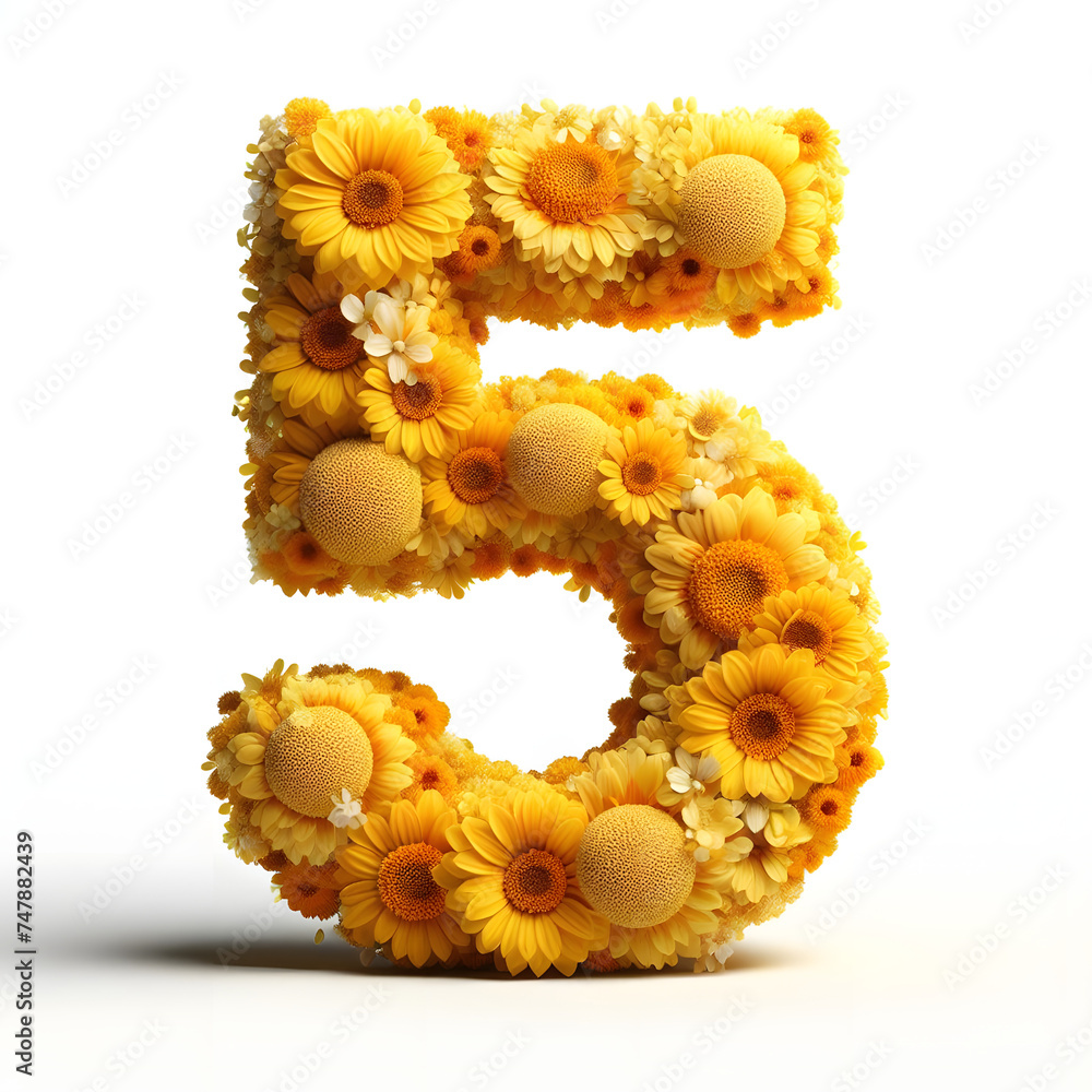 Number 5 is made of real natural Yellow flowers, Isolated on a white ...