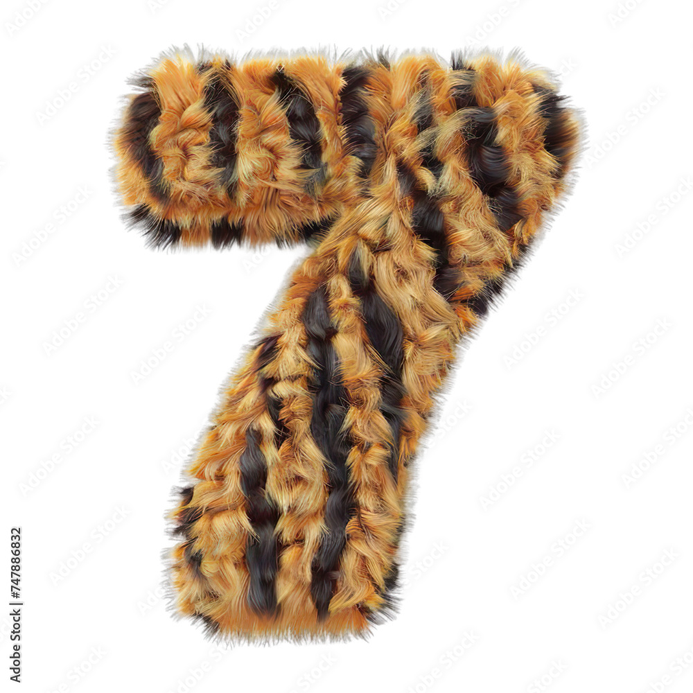 3D Fur Tiger Numeric no. 7 in Arial bold font Isolated on transparent ...