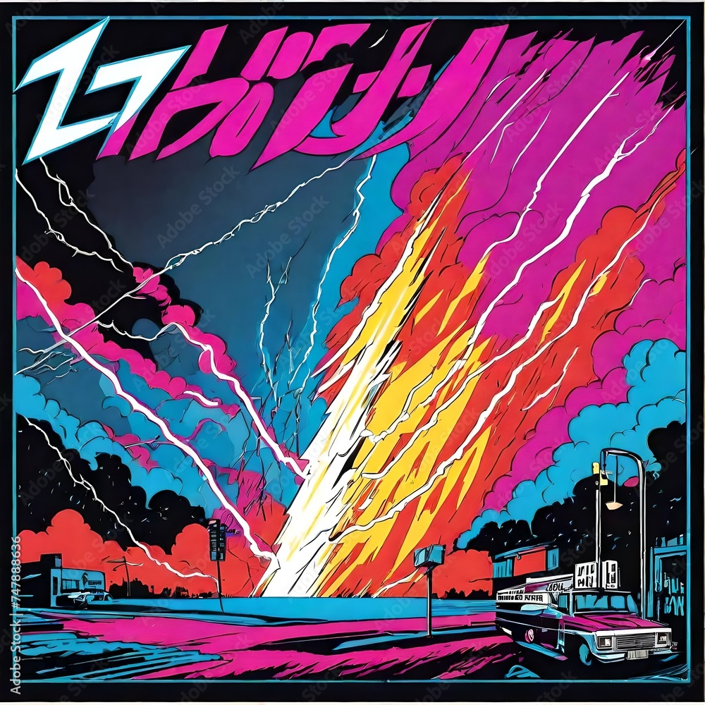 cartoon illustration 1980s style neon colored heavy metal rock and roll ...