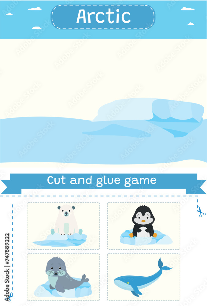 Vector cut and glue activity. Arctic. Animal habitats. Crafting game ...