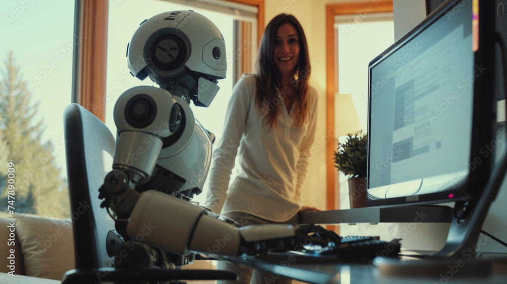 A woman stands by her desk at home, smiling at a humanoid robot ...