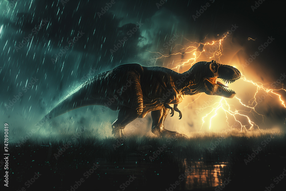 Tyrannosaurus Rex in dramatic scene unfolds amidst a raging ...