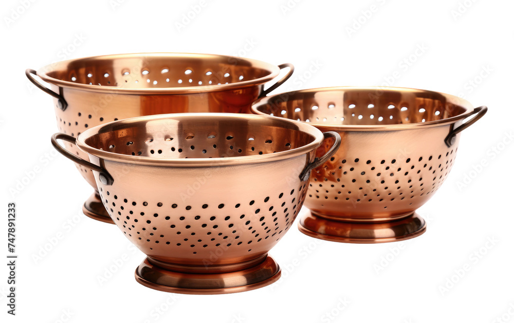A set of three metal colanders are neatly stacked on top of each other ...