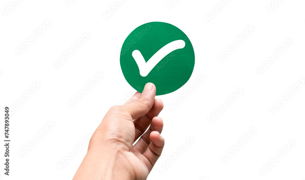 hand holding green circle paper cut with correct sign check mark symbol ...