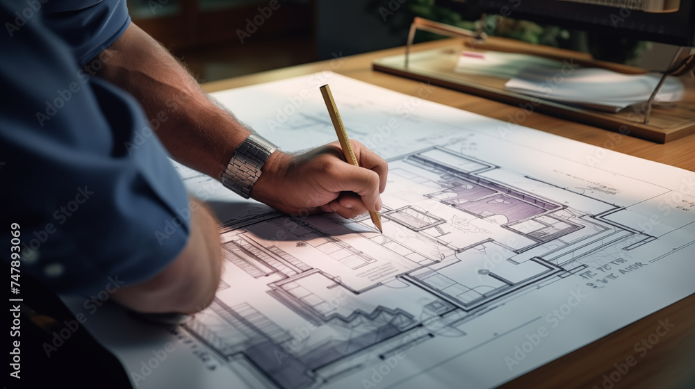 Engineer brainstorm for cost estimating on blueprint and floor plan ...