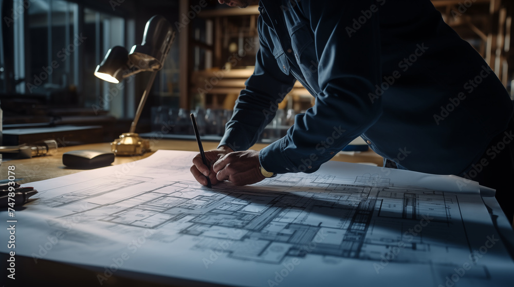 Engineer brainstorm for cost estimating on blueprint and floor plan ...