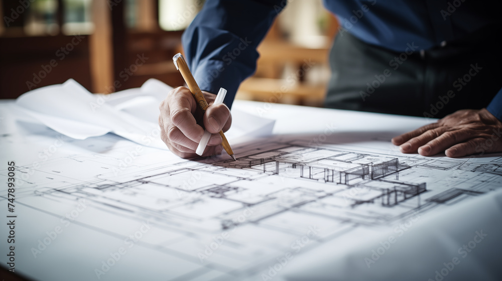 Engineer brainstorm for cost estimating on blueprint and floor plan ...