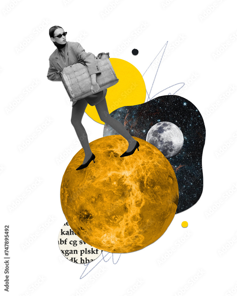 Poster. Modern aesthetic artwork. Young woman with luggage moves to new ...