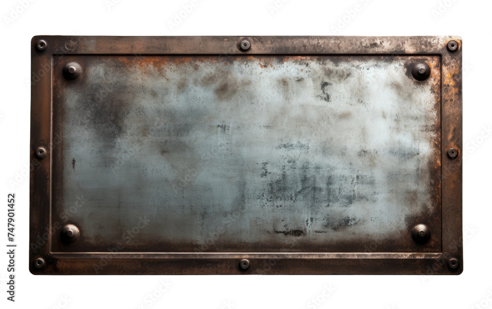 A metal plate with rivets. The plate is weathered, showing signs of ...