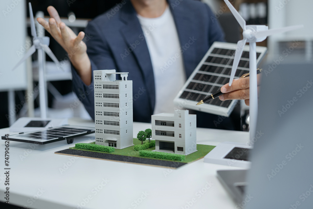 Businessman working virtual modern computer to reduce CO2 emissions ...