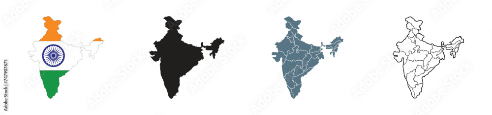 India map and flag design vector icon set. Black Outline vector Map of ...