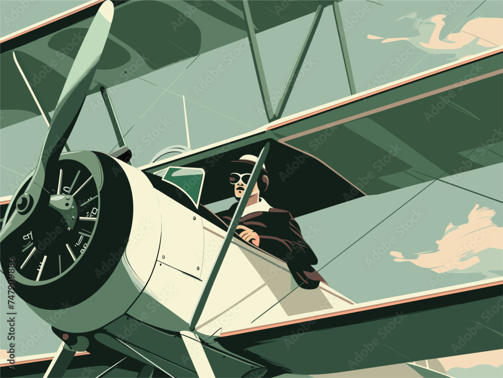 A male pilot is flying a monoplane in the sky. The aircraft is a ...