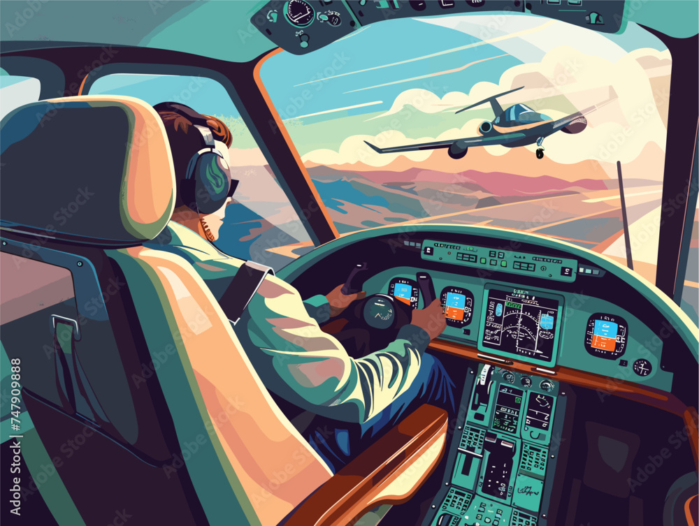An illustration of a pilot in the cockpit of an aircraft, steering ...
