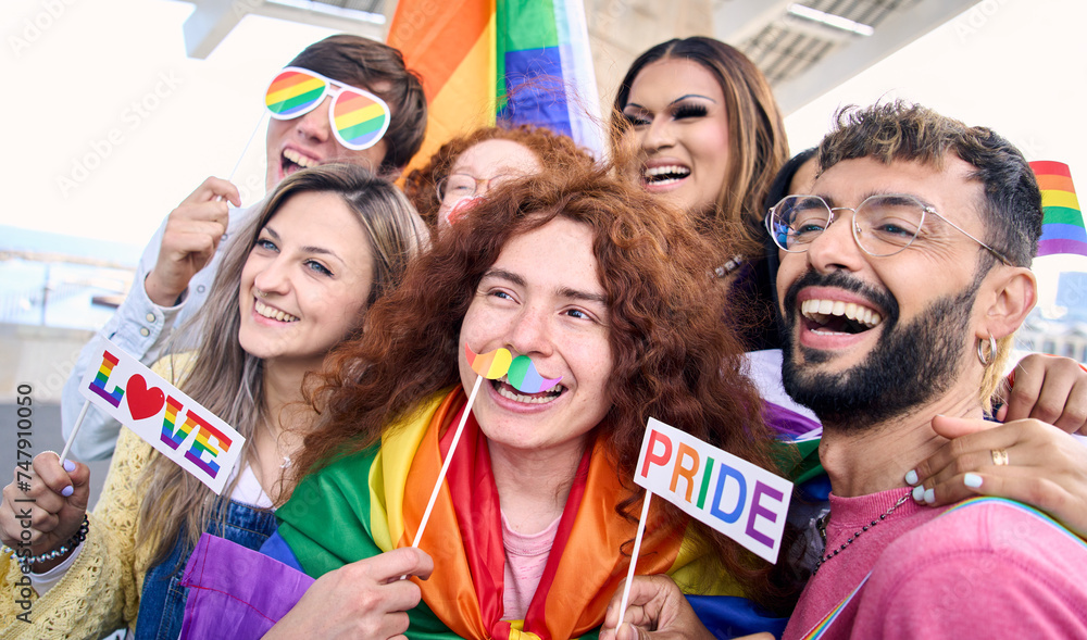 Group cheerful young friends taking fun selfie for social media ...
