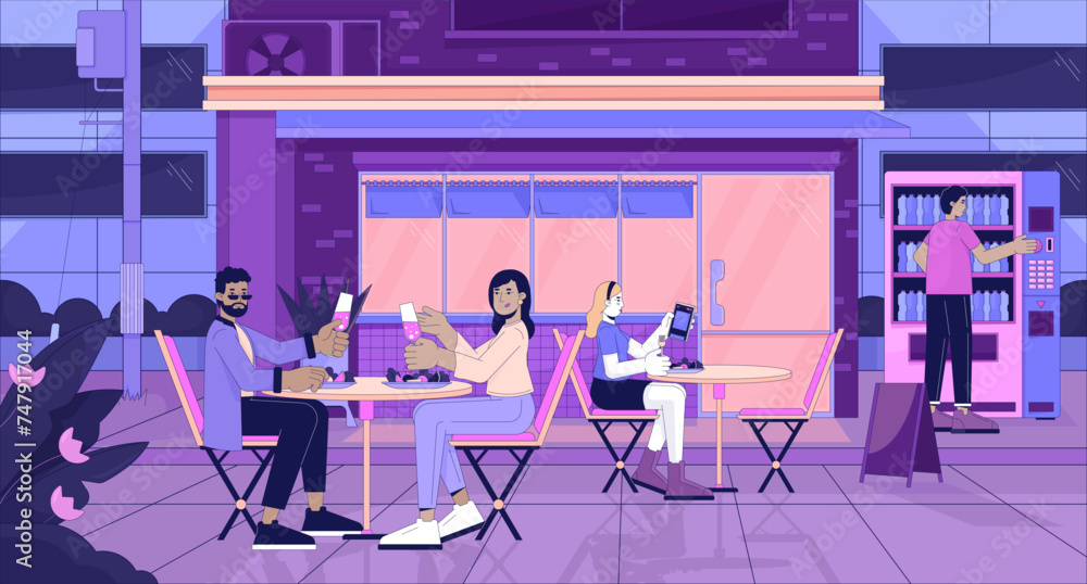 Sidewalk restaurant at evening line cartoon flat illustration. Dining ...
