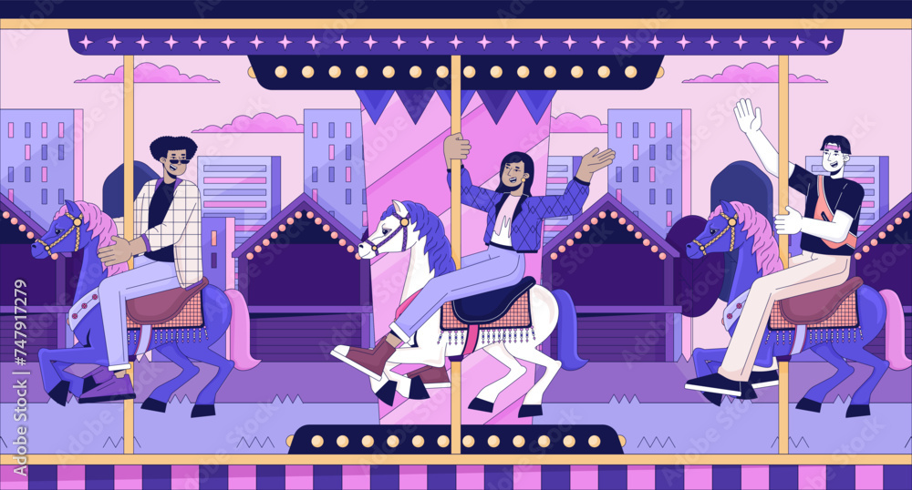 Friends on carousel amusement park line cartoon flat illustration ...