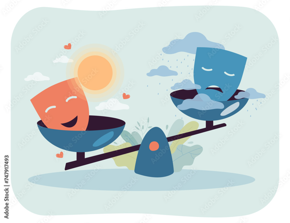 Scales with comic and tragic masks on weighing pans. Vector ...