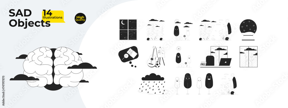 Seasonal depression weather black and white 2D line cartoon objects ...