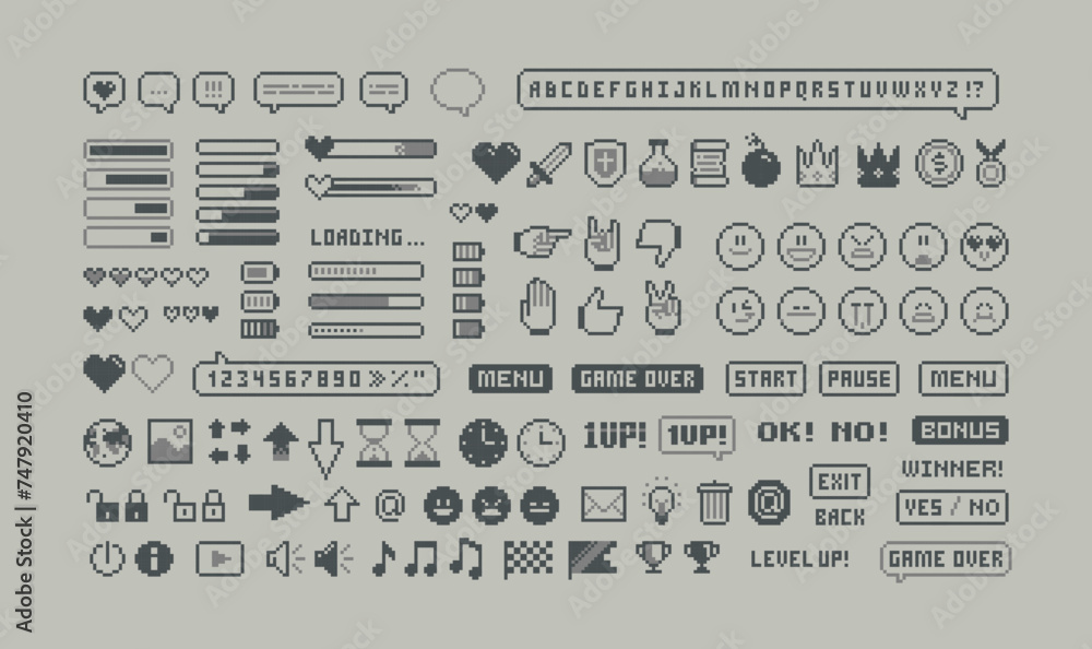 8-bit Game pixel graphics icons. Perfect pixel icons of game props ...