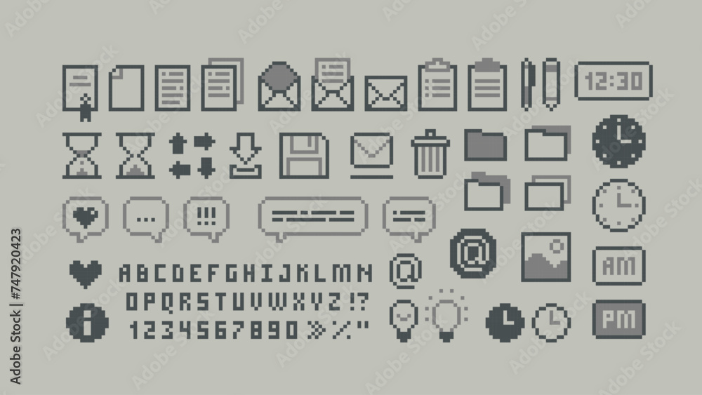 8-bit pixel graphics office icons set. Perfect pixel icons of, letter ...