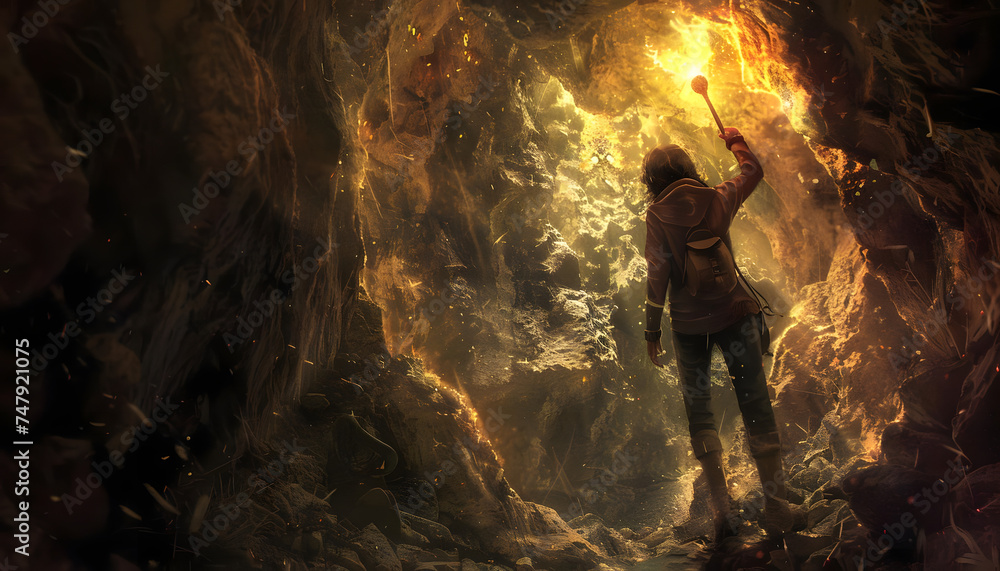 A digital illustration of a female adventurer exploring a mysterious ...