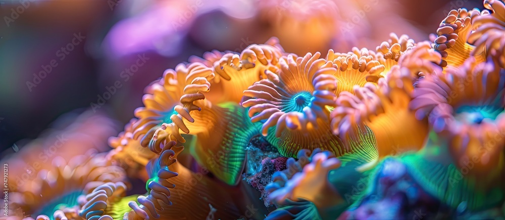 In this close-up shot, vibrant orange and blue sea anemone coral polyps ...