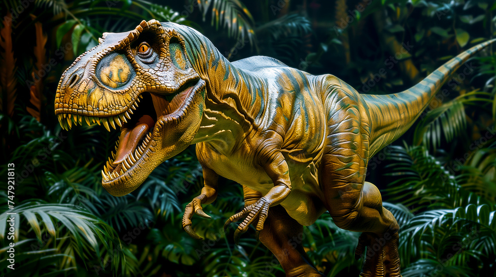 Tyrannosaurus rex dinosaur on a lush and verdant woods in the ...