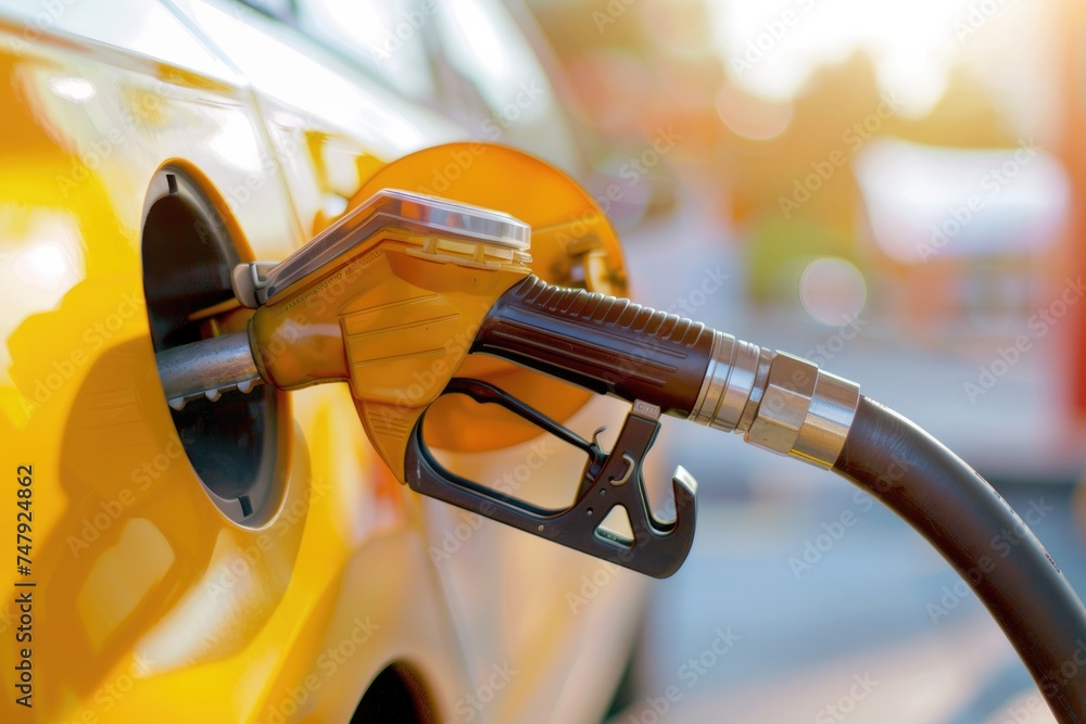 Hand female Refill and filling Oil Gas Fuel at station. Gun petrol in ...