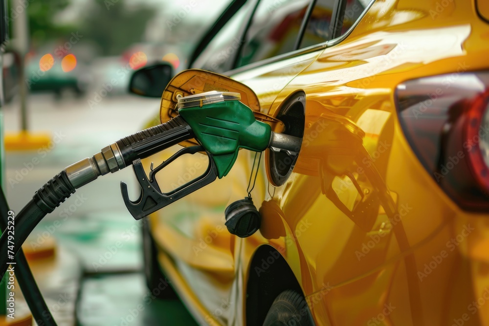 Hand female Refill and filling Oil Gas Fuel at station. Gun petrol in ...