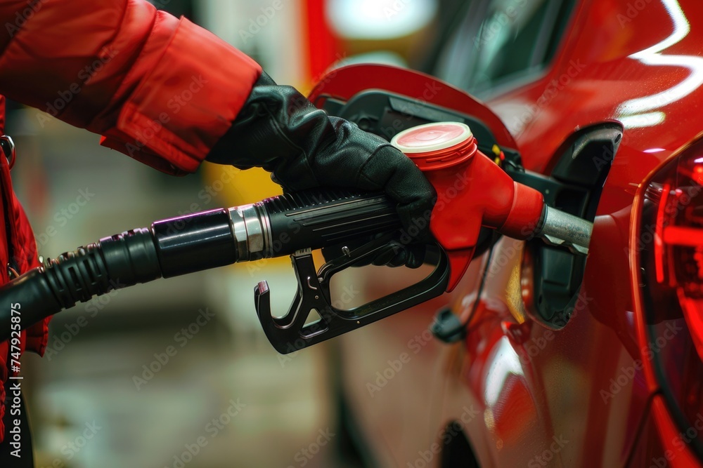 Hand female Refill and filling Oil Gas Fuel at station. Gun petrol in ...