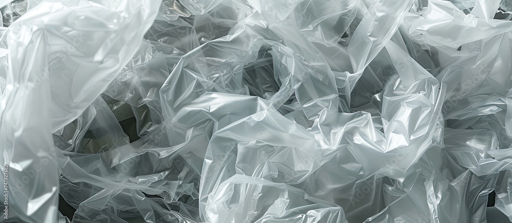 This black and white scene shows a collection of various plastic bags ...