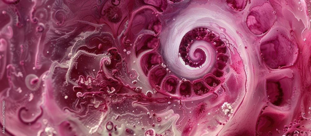 This close-up shows a detailed view of a swirl pattern in pink and ...