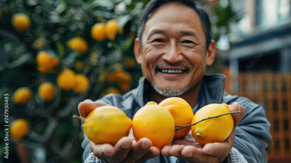 A man with a beard and gray hair smiling broadly holding four lemons in ...