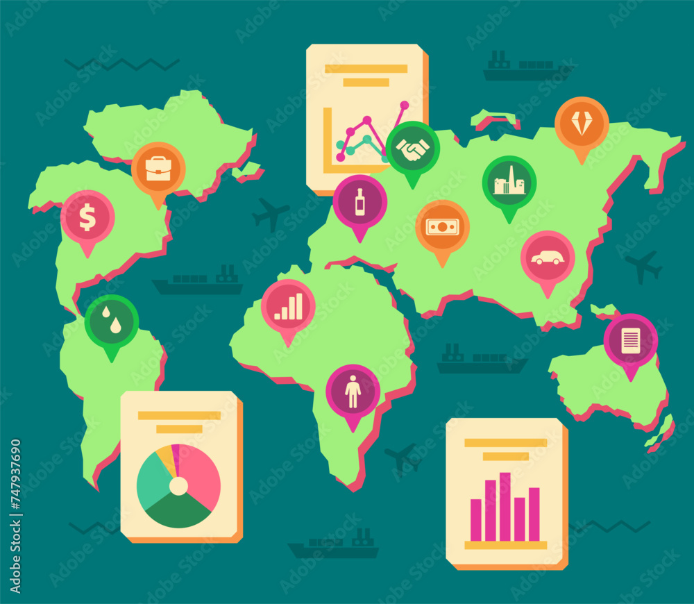 World map with pointers and economic icons. Vector illustration. Charts ...