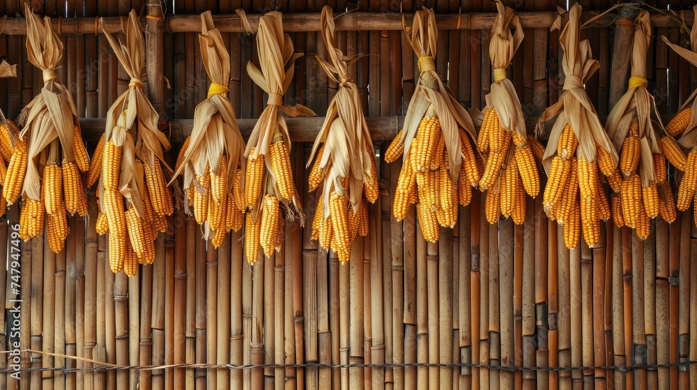 Background and texture of yellow dried corn stalks that are are hanging ...