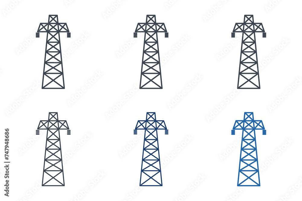 High voltage power icons with different styles. Power Line Pylon symbol ...
