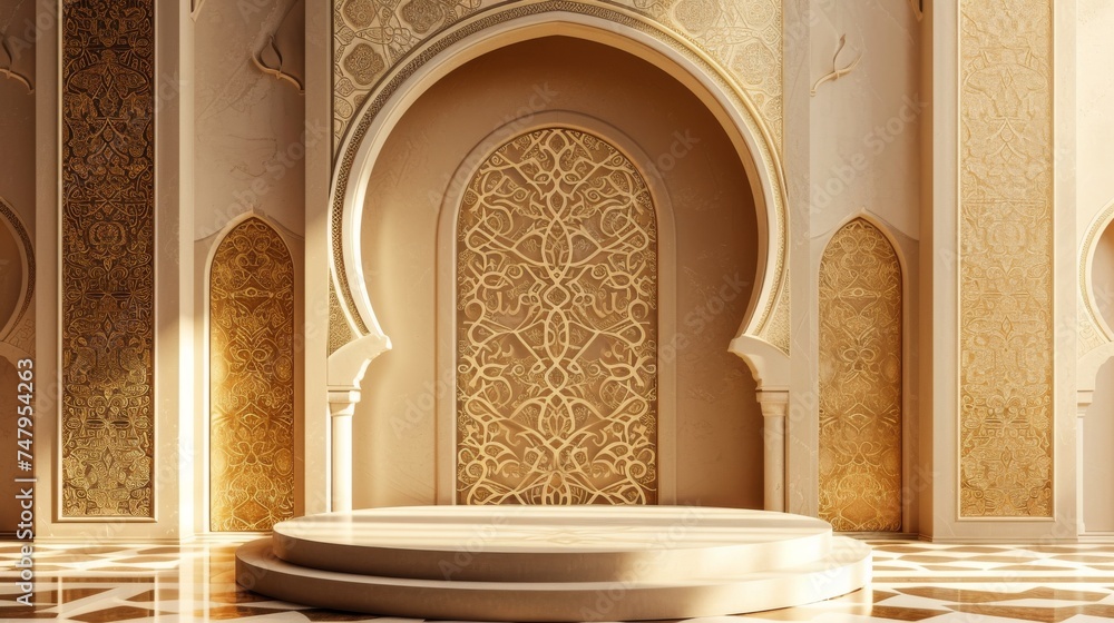 Sunlight bathes a tranquil corner featuring a Arabic arch with podium ...
