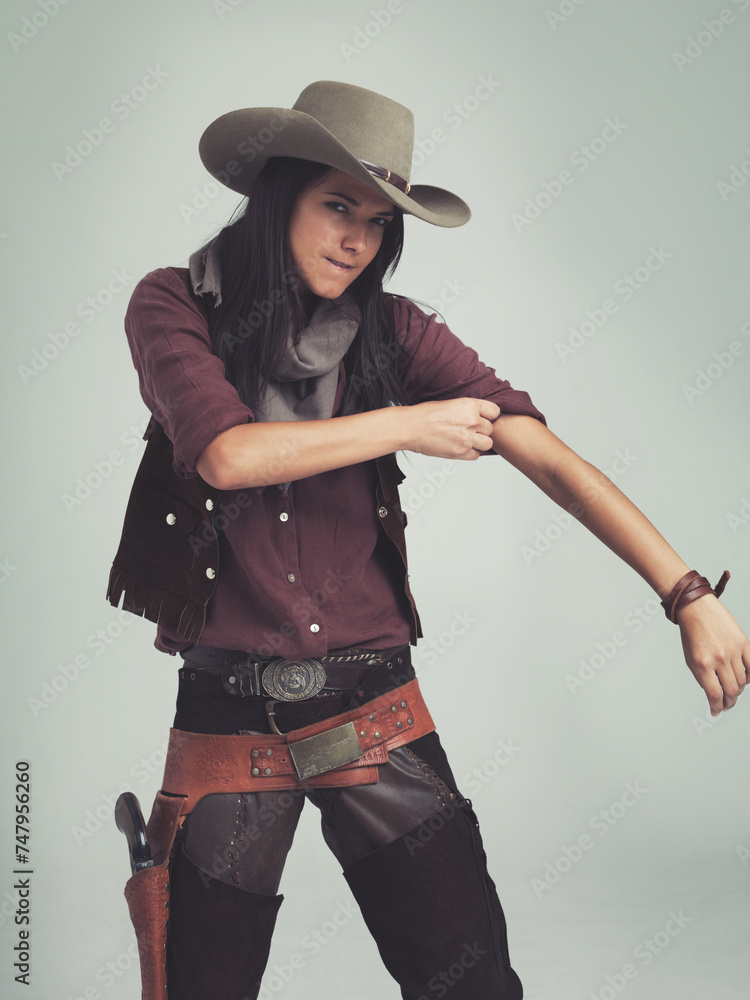 Tough, woman and cowboy portrait with fashion outfit, in Texas as ...