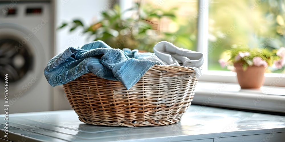 Closeup of overflowing laundry basket next to washing machine with ...