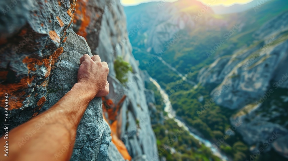 The powerful hand of a rock climber gripping a hold on a steep cliff ...