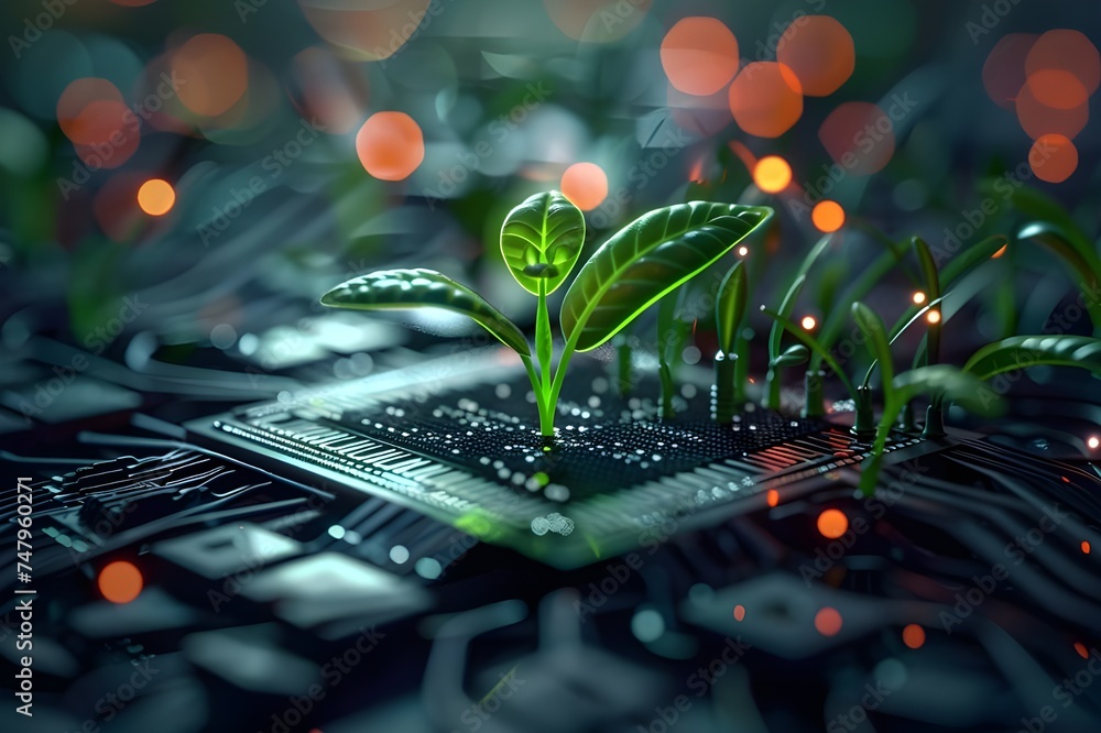 Generative AI Illustration of Glowing Plant Sprouting from Computer ...