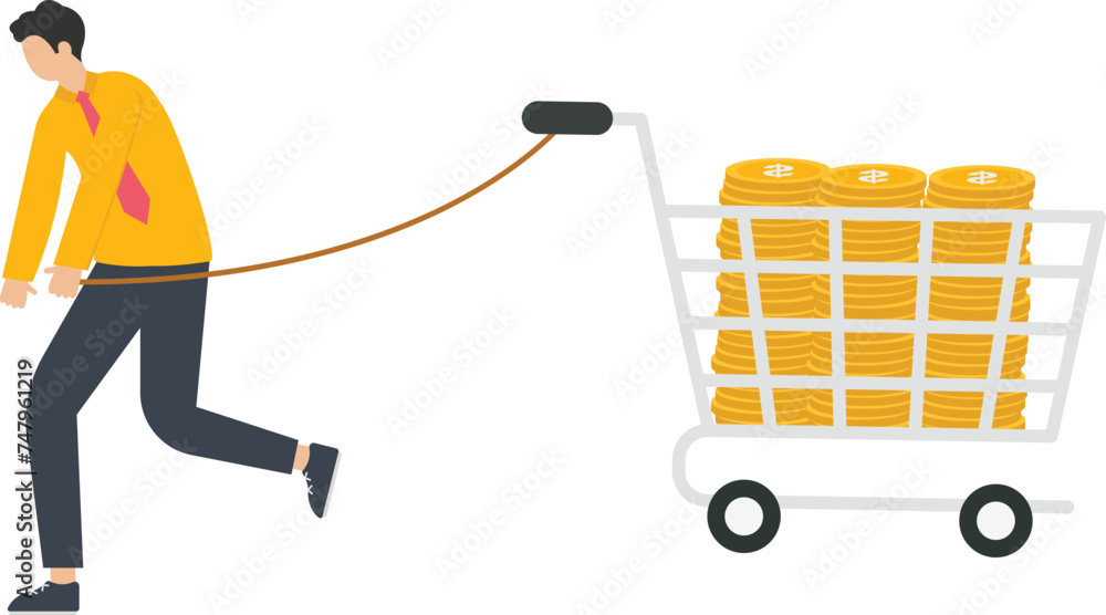 Exhausted group of businessmen dragging a cart of gold coins ...