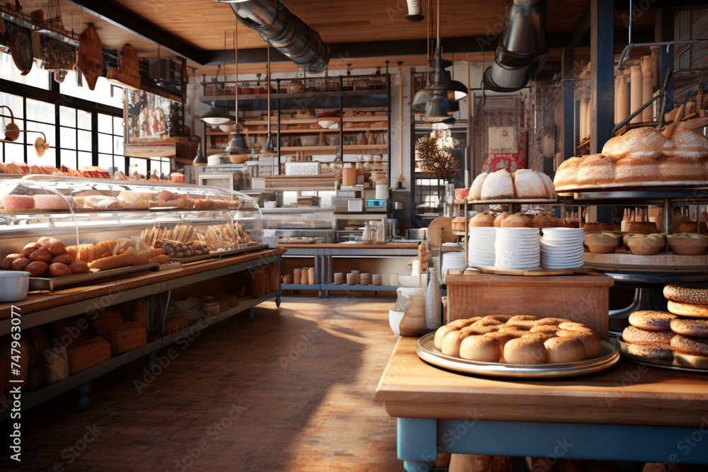 Bakery shop, bread, bake and bakery. Breads in basket, baguette, loaf ...