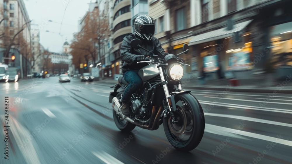 Motorbike rider drive very fast. Cool motorcyclist ride motor bike ...