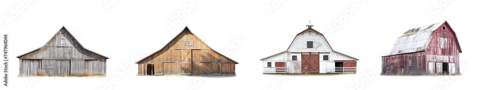 Old ranch barn set isolated on a white background. Collection of farm ...