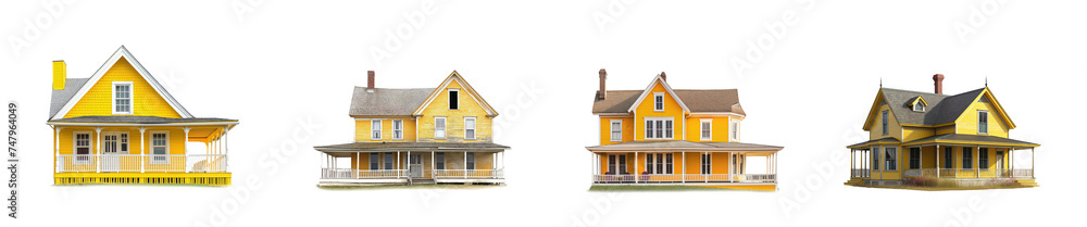 Old yellow wood house collection isolated on a white background ...