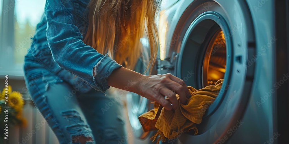 Woman focused on doing laundry: Loading clothes into washing machine ...