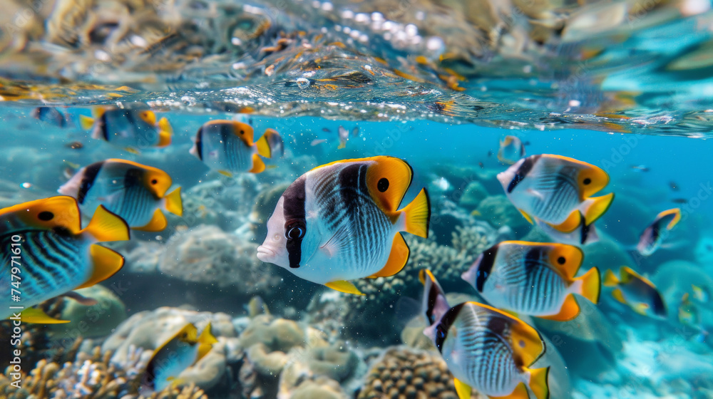 vue sous-marine d'un ban de poissons exotique dans les eaux peu ...
